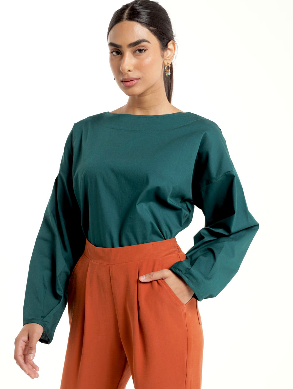 55% off on Ladies Teal Pleated Cuff Box Top | OneDayOnly