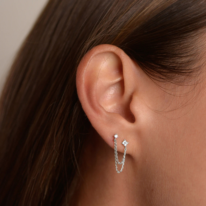 34% off on 11mm Double Stud & Chain Earrings | OneDayOnly